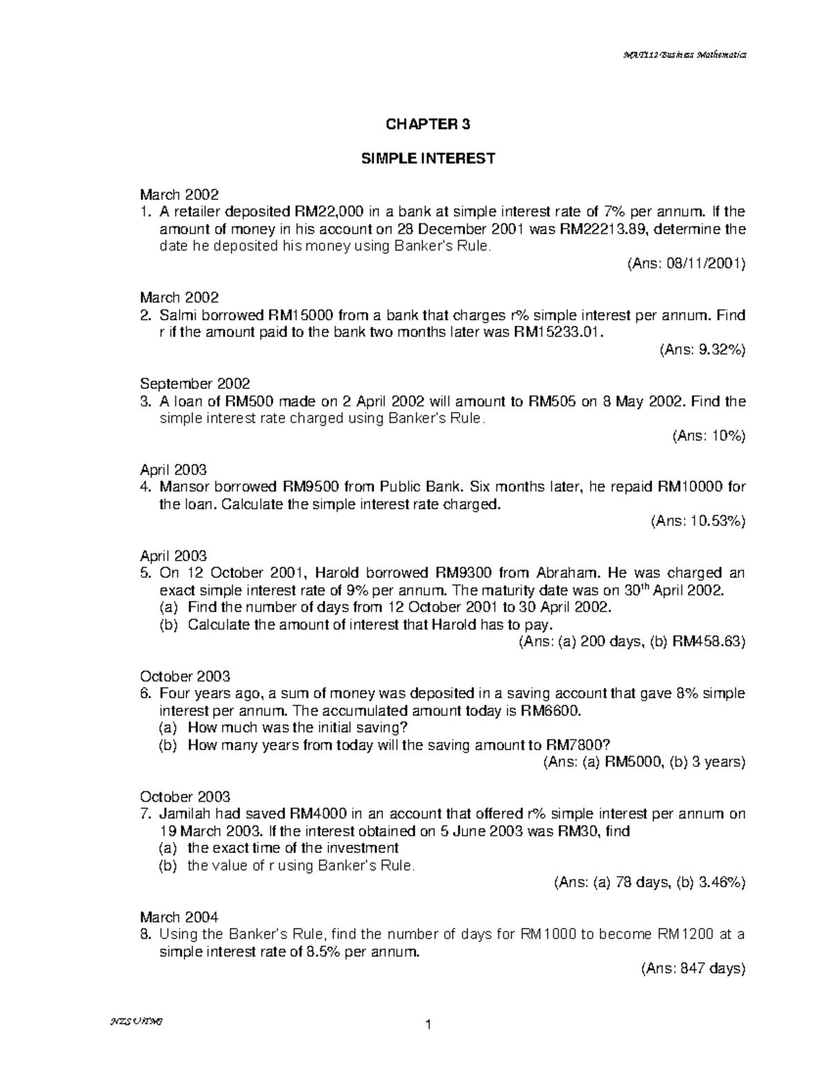 PAST Semester Chapter 3 Simple Interest - CHAPTER 3 SIMPLE INTEREST ...