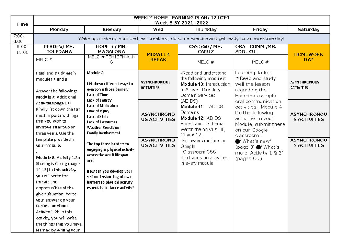 WHLP Q1 W4 G12 ICT 1 - IMMERSION - Time WEEKLY HOME LEARNING PLAN: 12 ...