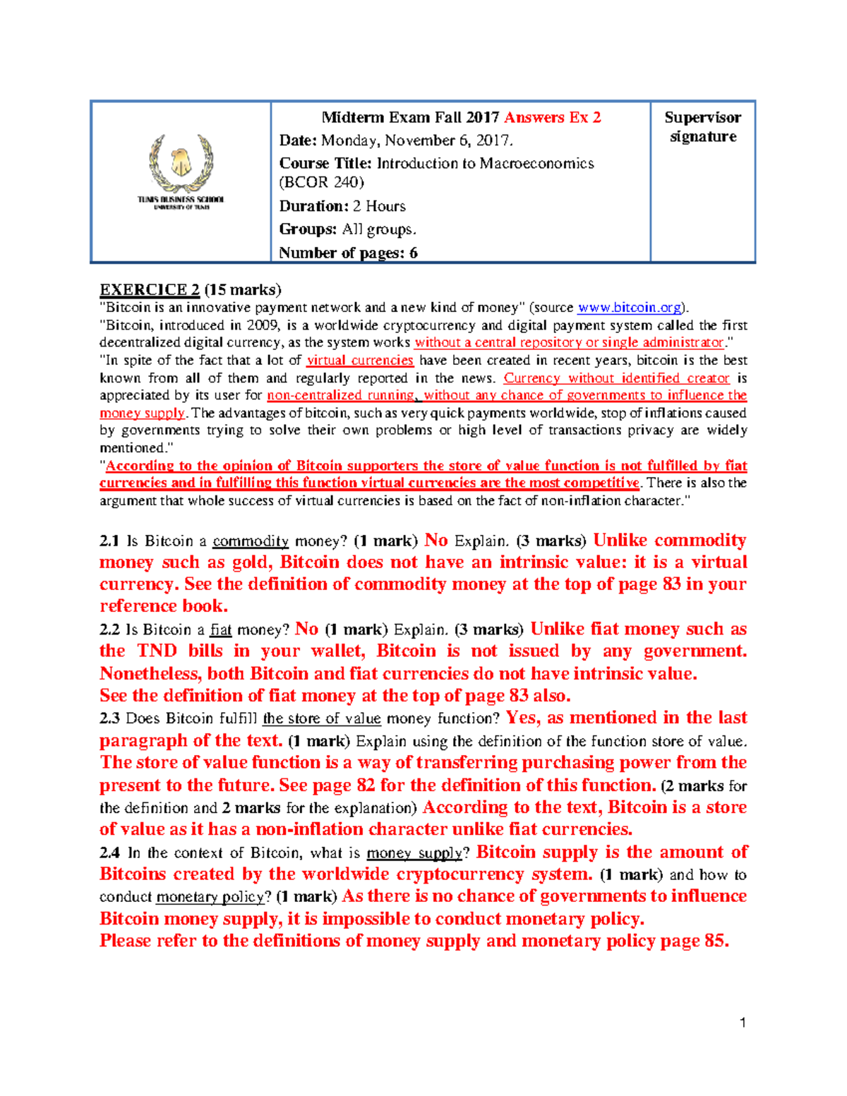 Answers Ex 2 midterm Macro-2017 - 1 Midterm Exam Fall 2017 Answers Ex 2 Date: Monday, November 6 ...