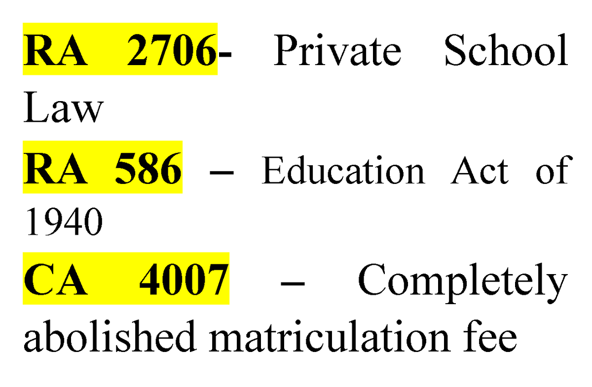 LAWS - RA 2706 - Private School Law RA 586 – Education Act of 1940 CA ...