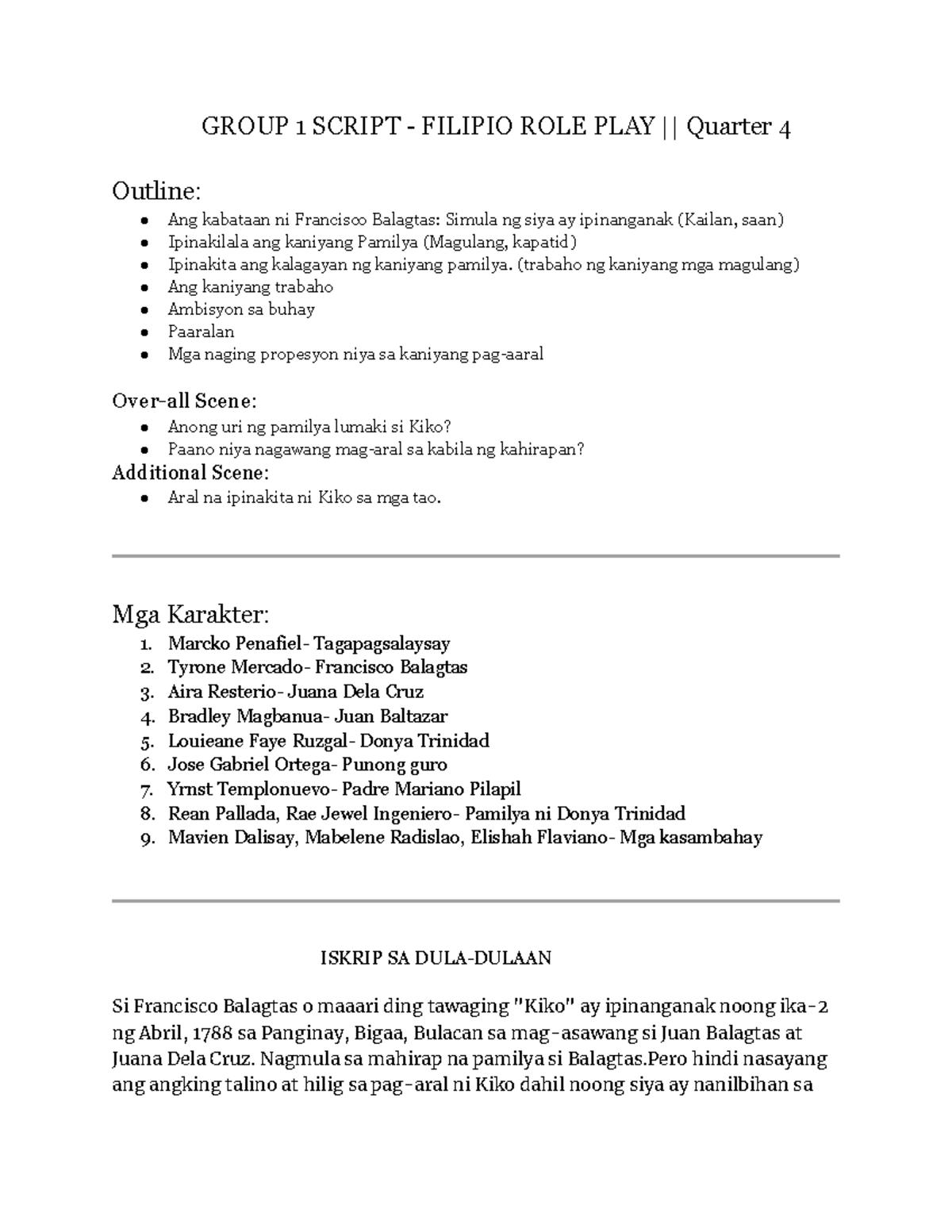Francisco Balagtas- Talambuhay-2 - GROUP 1 SCRIPT - FILIPIO ROLE PLAY ...
