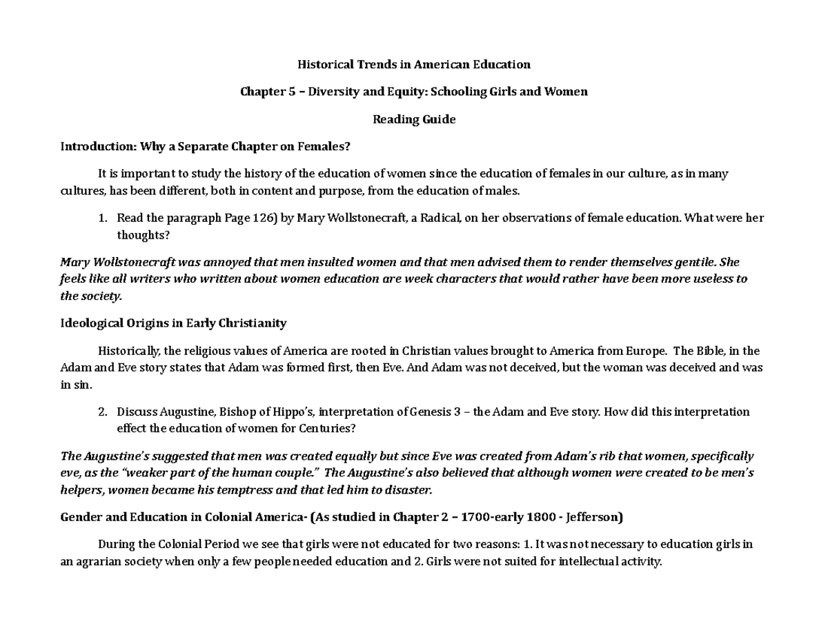 Trends- Chapter 5 - Reading Guide -online - Historical Trends in American Education Chapter 5 ...