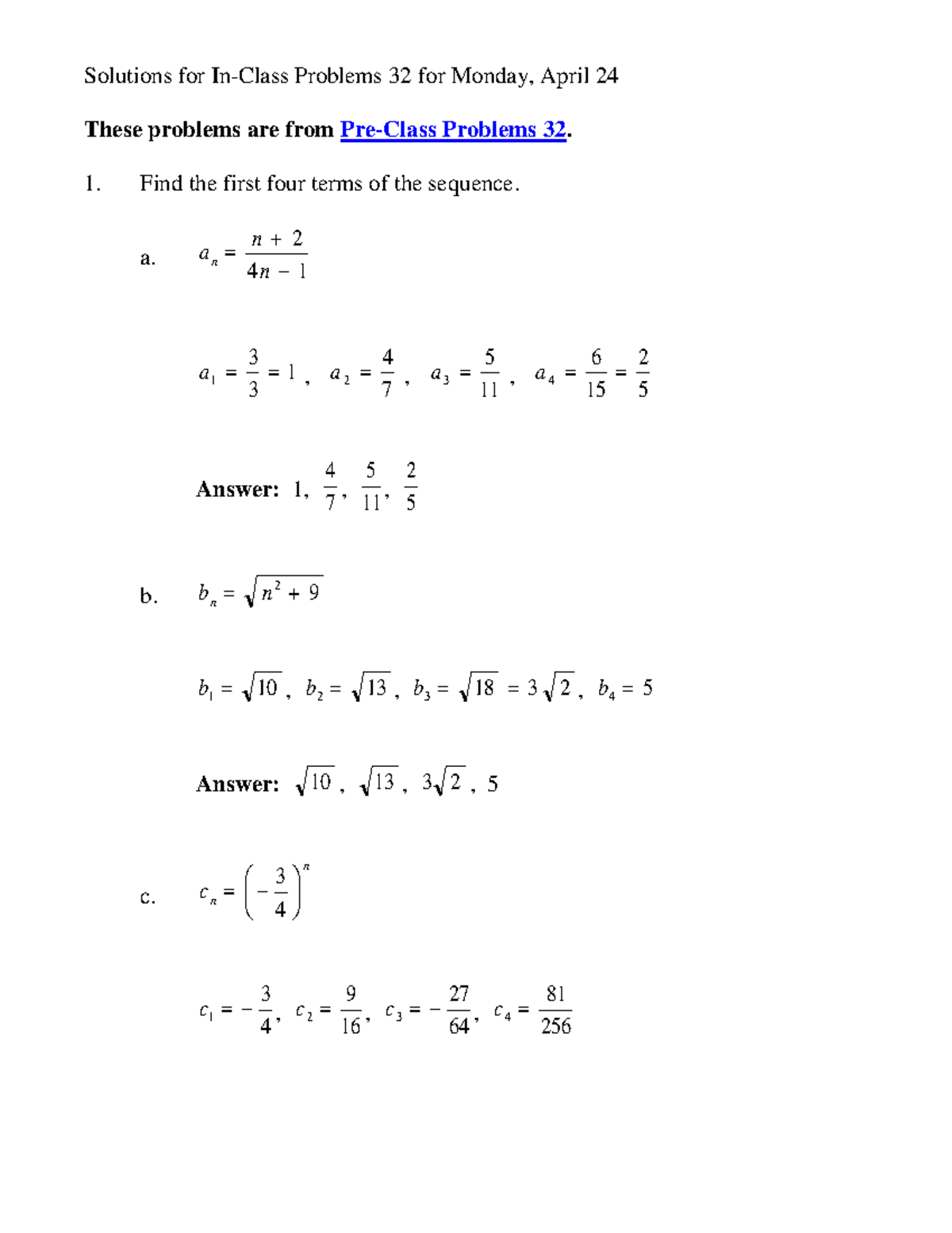 Problems 32MWFSol Solutions For In Class Problems 32 For Monday