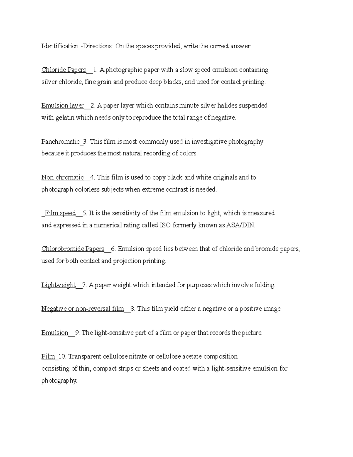 Pretest 3 Identification - Identification -Directions: On the spaces ...