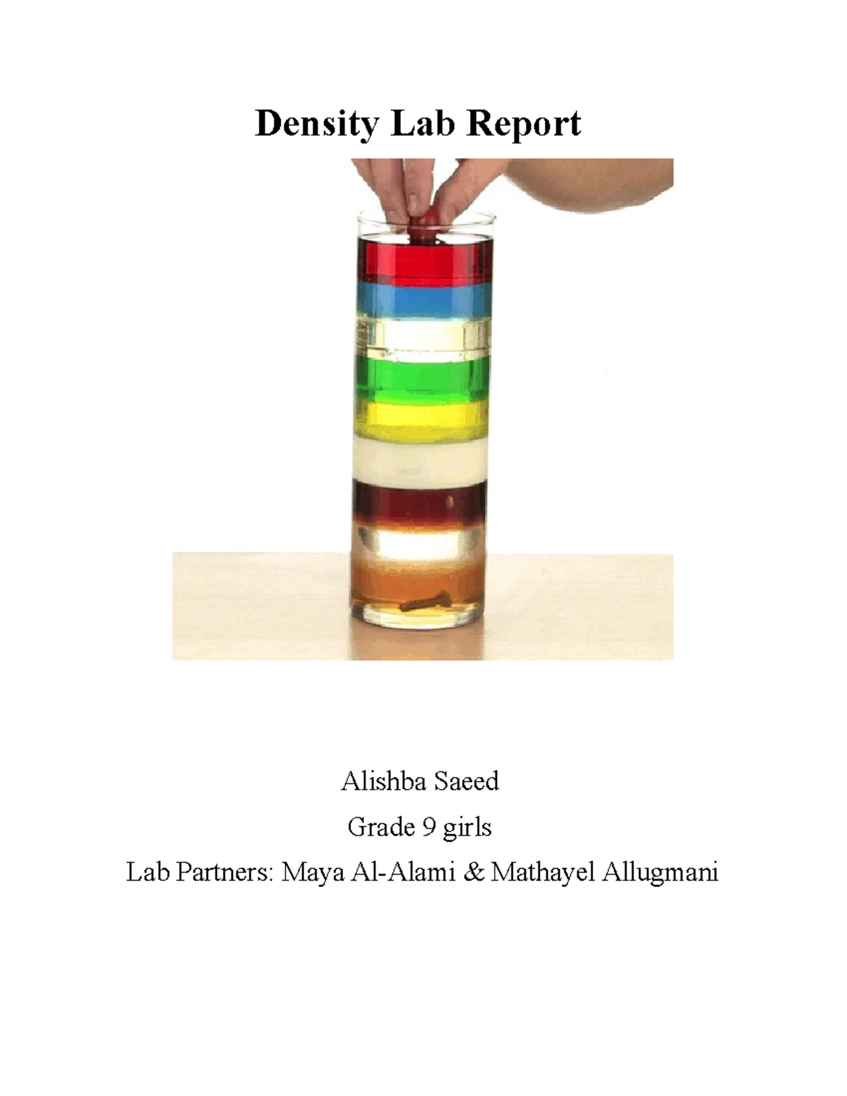 Alishba - lab report - Density Lab Report Alishba Saeed Grade 9 girls ...