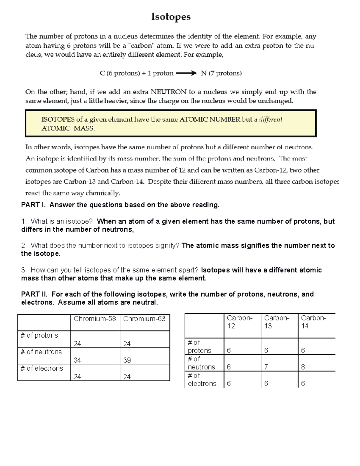 Isotopes answers - PART I. Answer the questions based on the above ...
