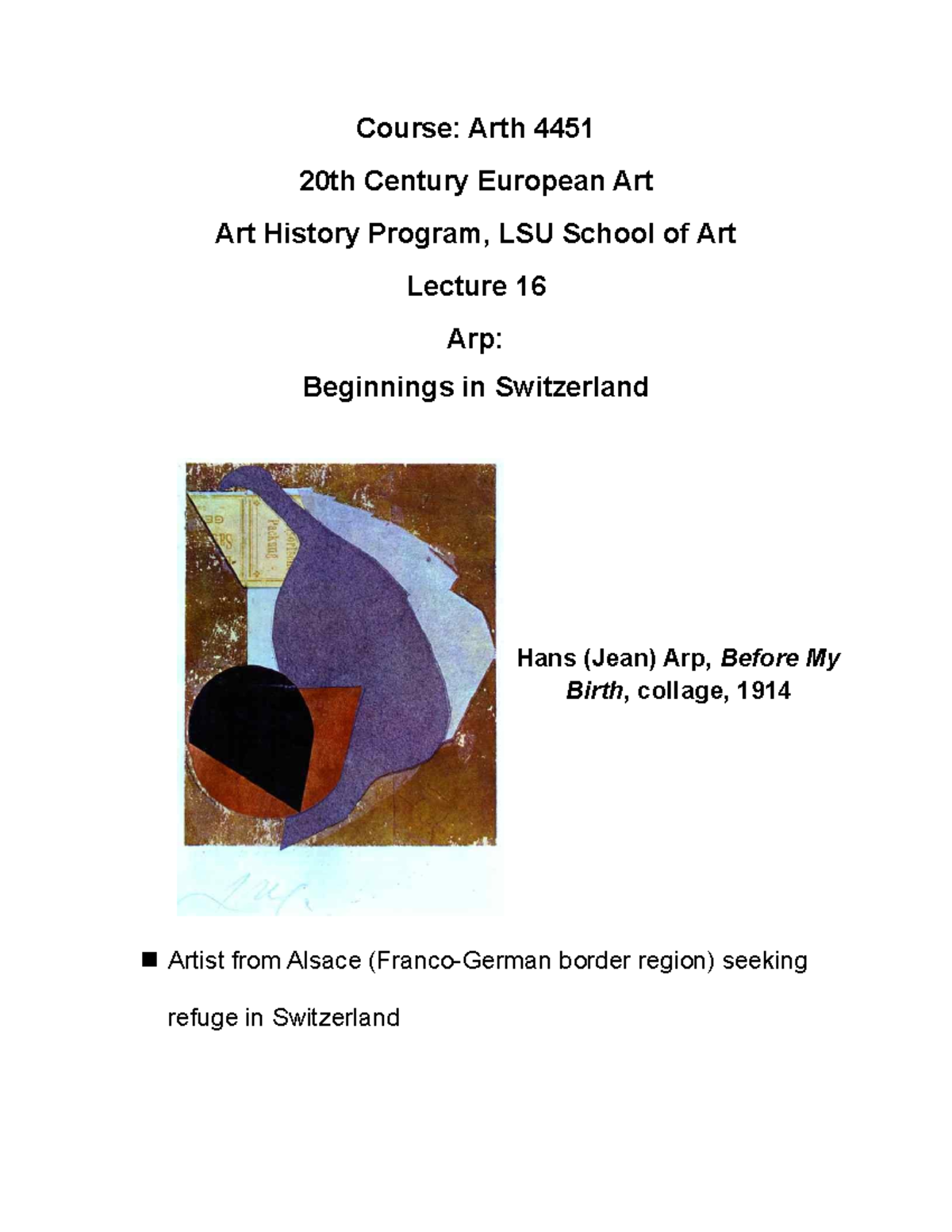 Arp - 20th Century Art History lecture notes from ppt transcription ...
