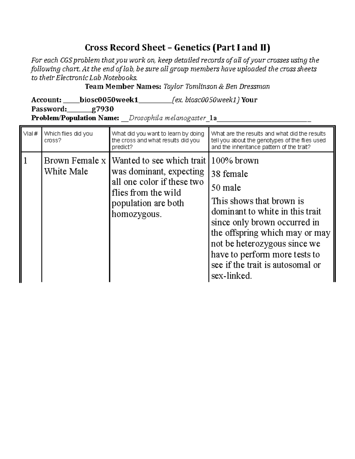 Cross Record Sheet GEN SP19 - Cross Record Sheet – Genetics (Part I and ...