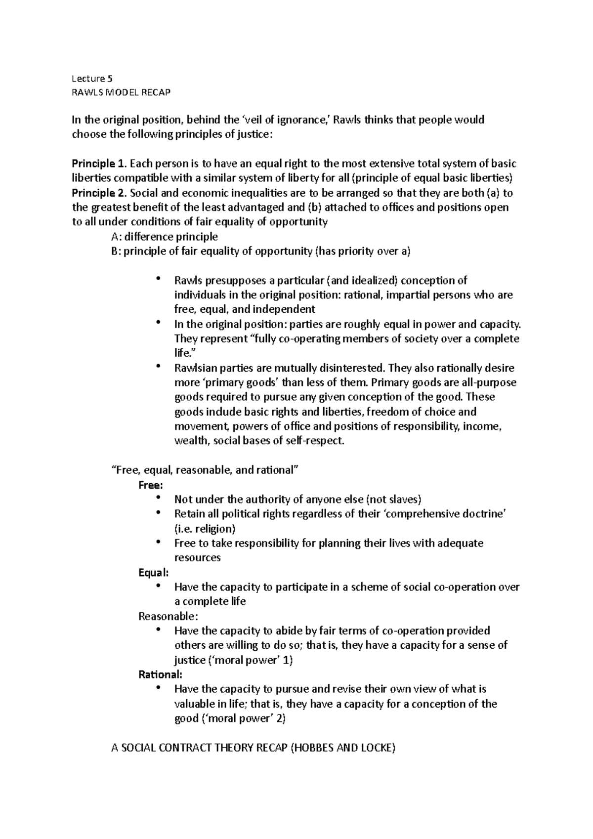 PHIL1013 Lecture 5 - Lecture 5 RAWLS MODEL RECAP In the original ...