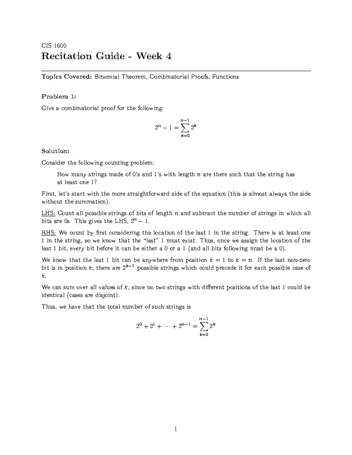 R4 solutions - CIS 1600 Recitation Guide - Week 4 Topics Covered: Binomial Theorem ...