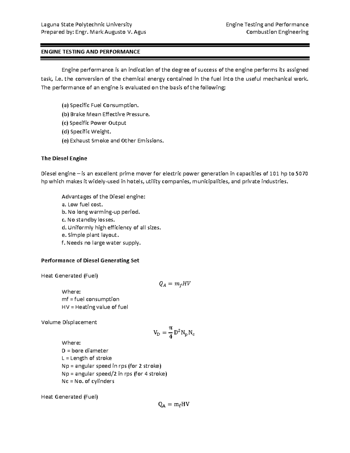 Engine testing and performance - Prepared by: Engr. Mark Augusto V ...