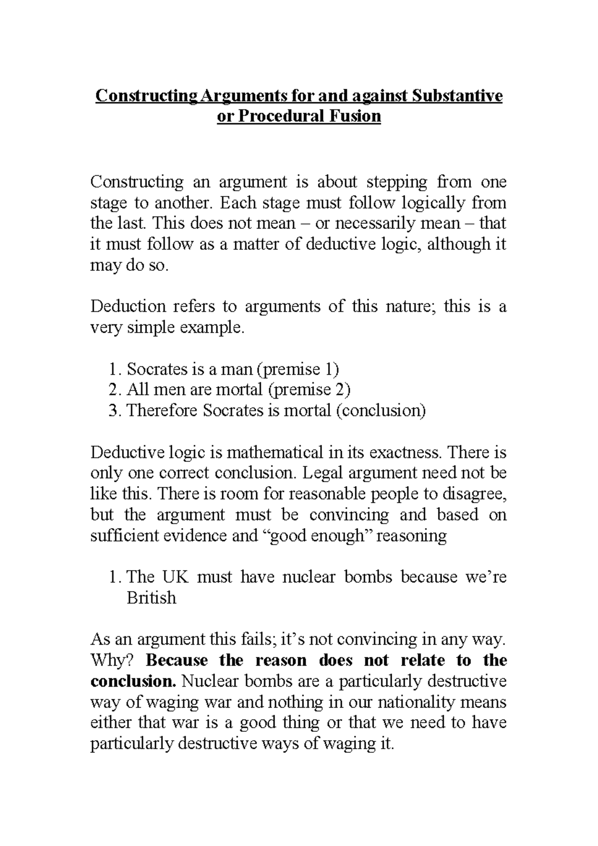 Constructing Arguments For And Against Substantive Or Procedural Fusion Constructing Arguments