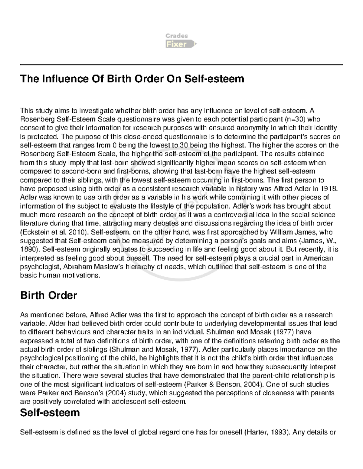 The Influence Of Birth Order On Self-esteem - A Rosenberg Self-Esteem ...
