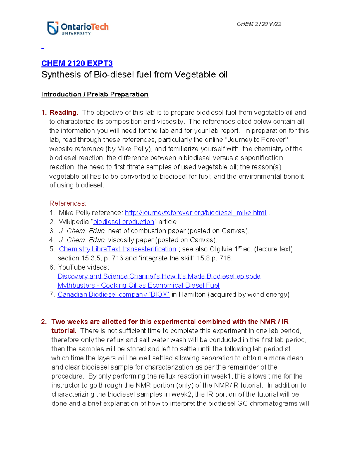 Expt3 Biodiesel Synthesis W22 - CHEM 2120 EXPT Synthesis of Bio-diesel ...