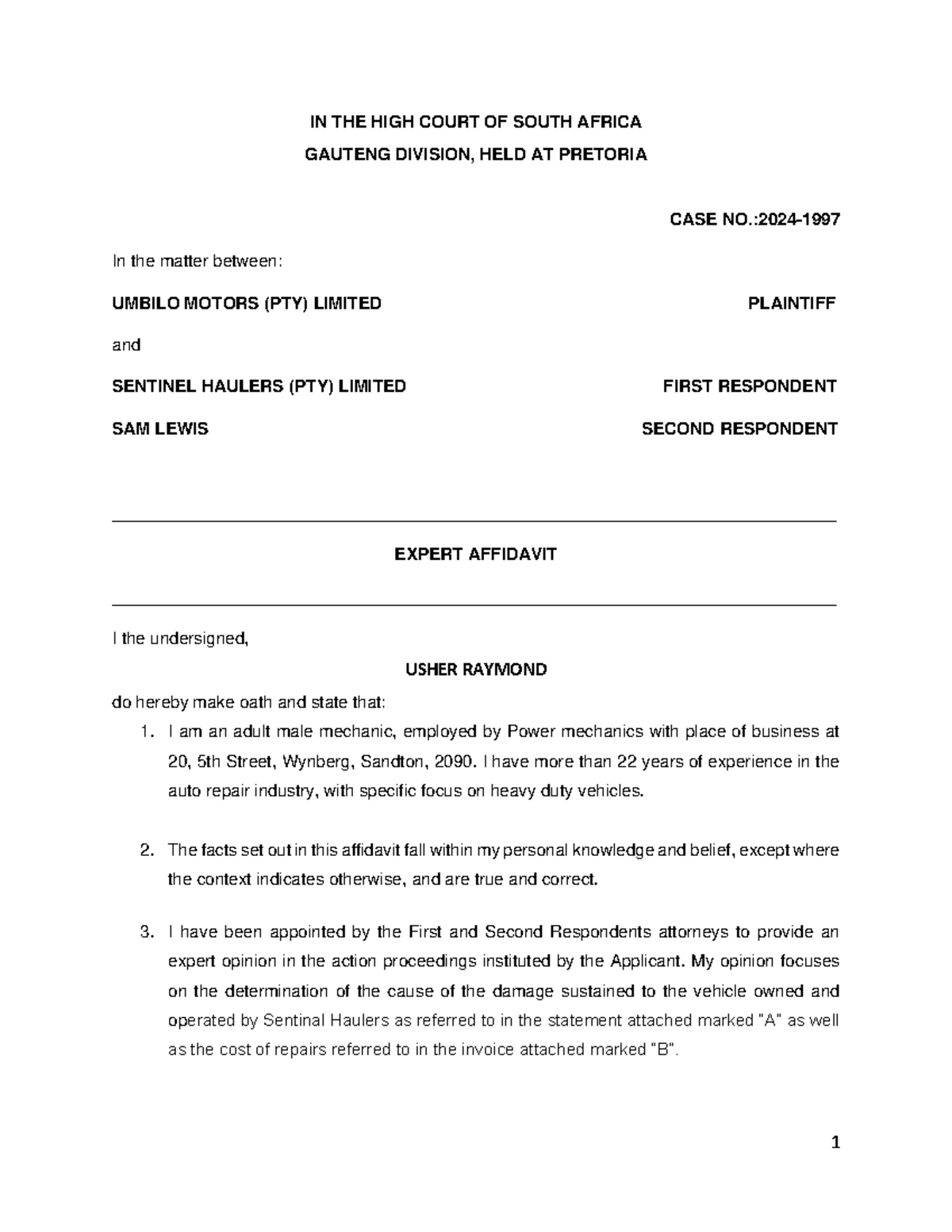 Expert affidavit of mechanic stamped and signed by c - IN THE HIGH ...