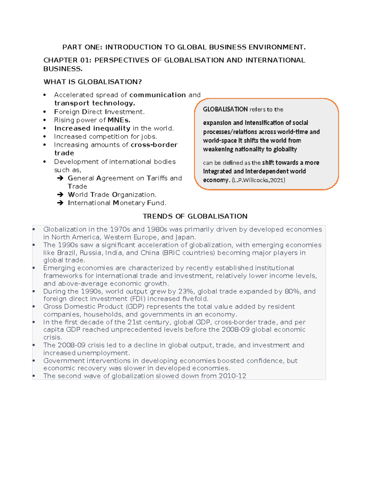 PART ONE : INTRODUCTION TO GLOBAL BUSINESS ENVIRONMENT. - CHAPTER 01 ...