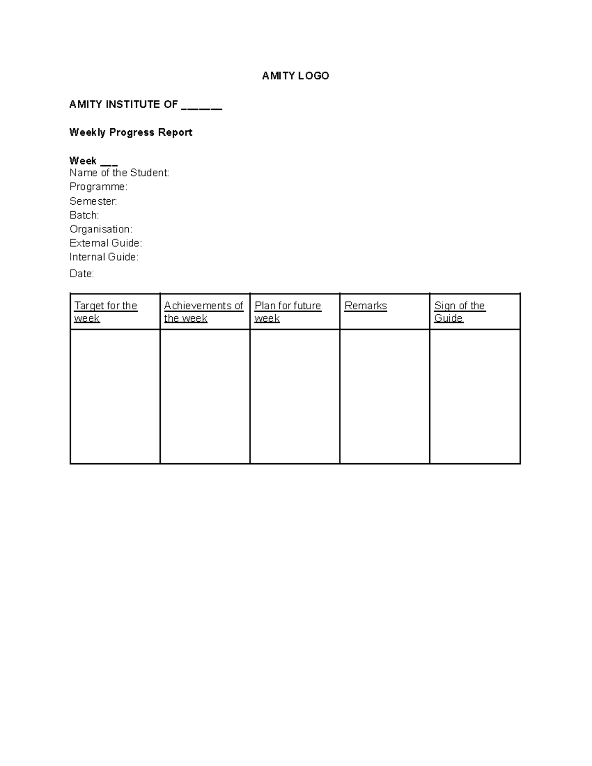 WPR Format - Non Teaching Credit Course - AMITY LOGO AMITY INSTITUTE OF ...