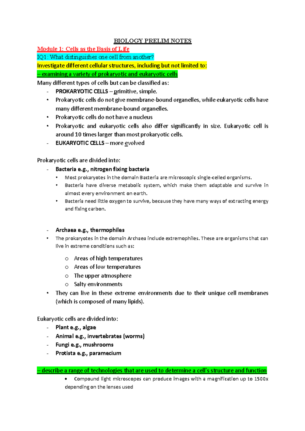Biology Prelim Notes - BIOLOGY PRELIM NOTES Module 1: Cells as the ...