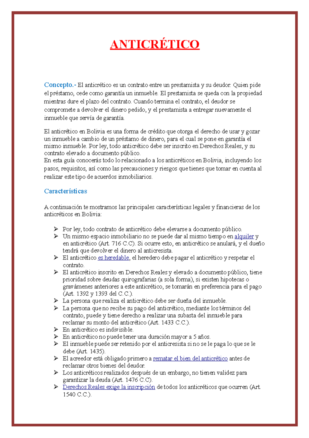 Anticrético - contrato - ANTICRÉTICO Concepto.- El anticrético es un ...