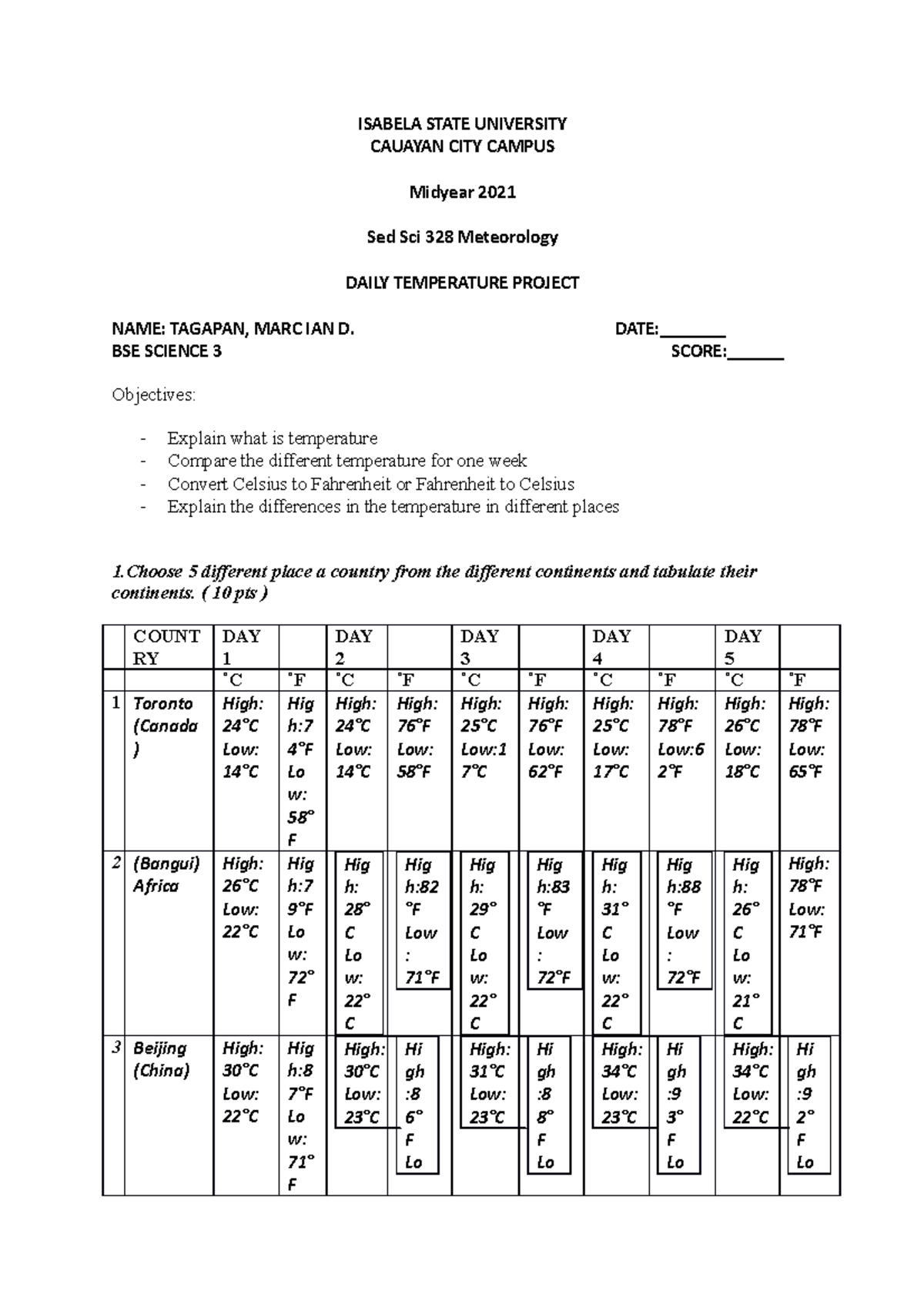 Temperature Activity For Science College Students - ISABELA STATE ...