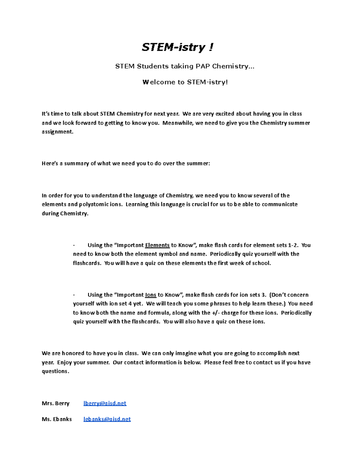 Copy of 2022 Adv Chemistry Summer Assignment - STEM-istry! STEM ...