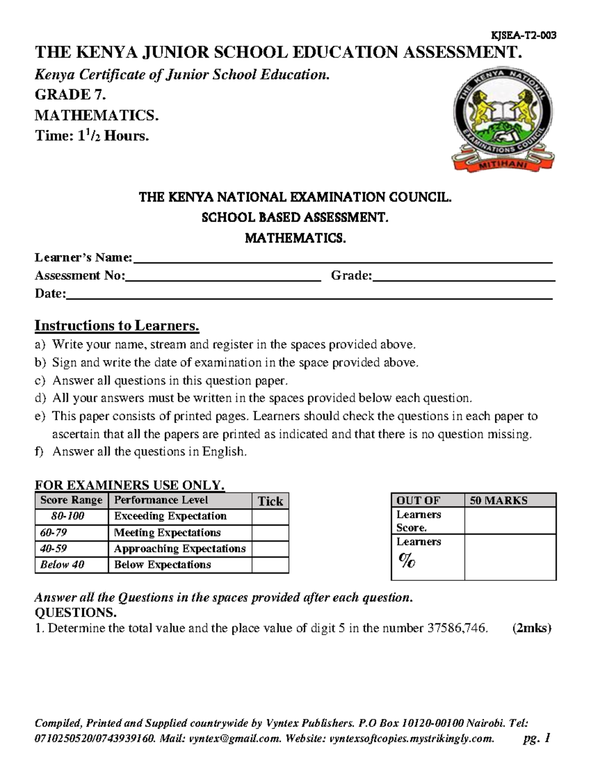 Kjsea G7-T2-003 Mathematics - Compiled, Printed and Supplied ...