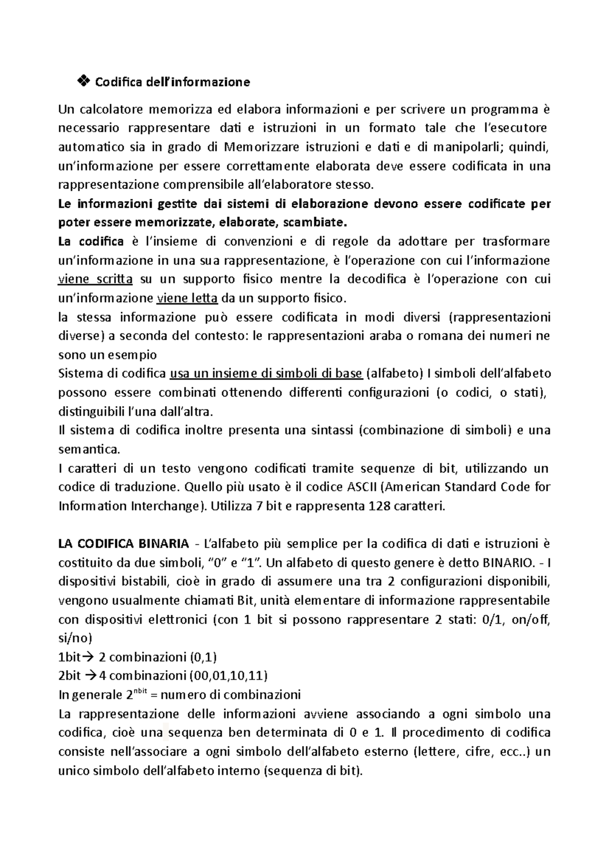Codifica informazione - Codifica dell’informazione Un calcolatore ...
