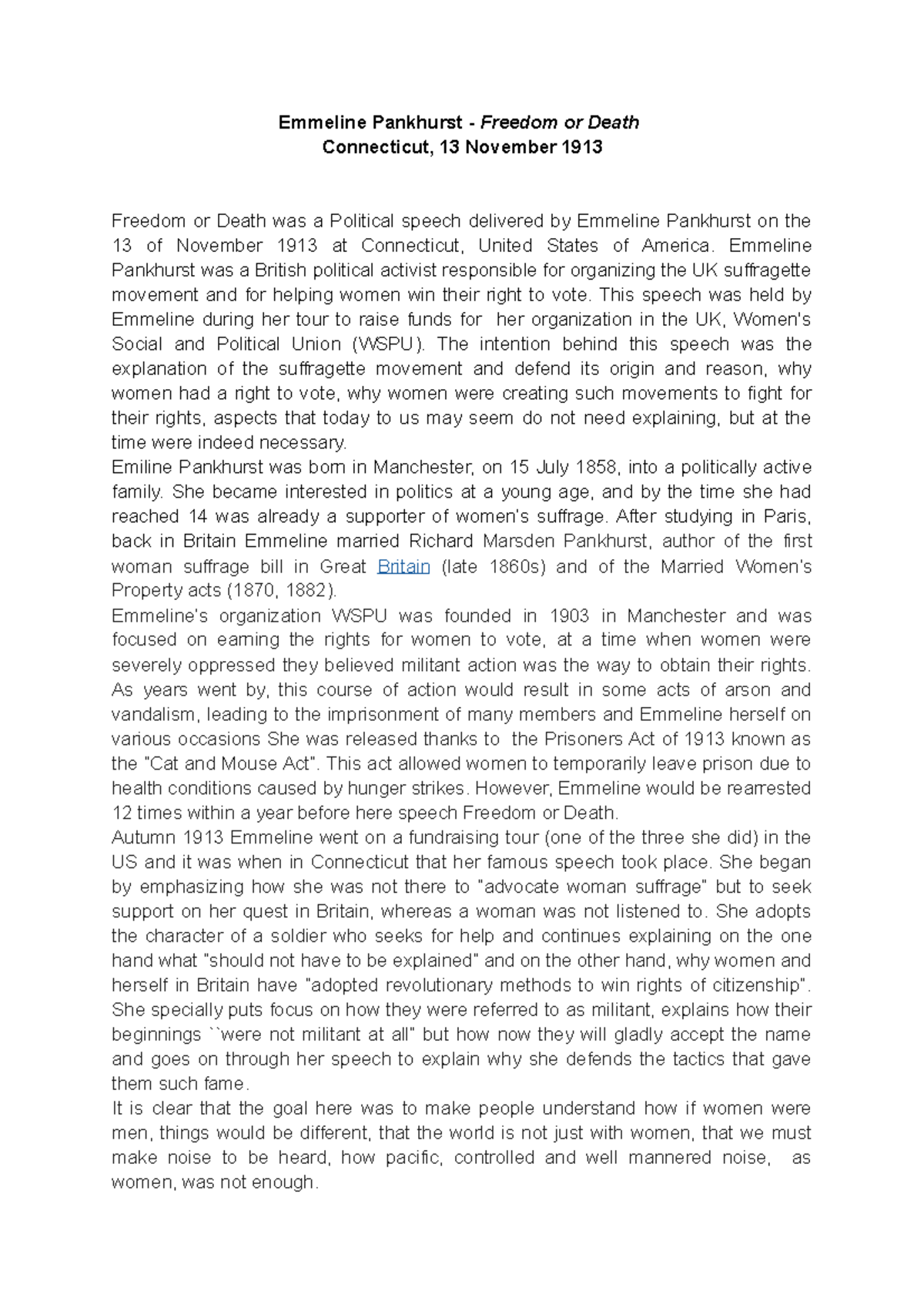 Emmeline Pankhurst - Freedom or Death. 1913 - Emmeline Pankhurst ...