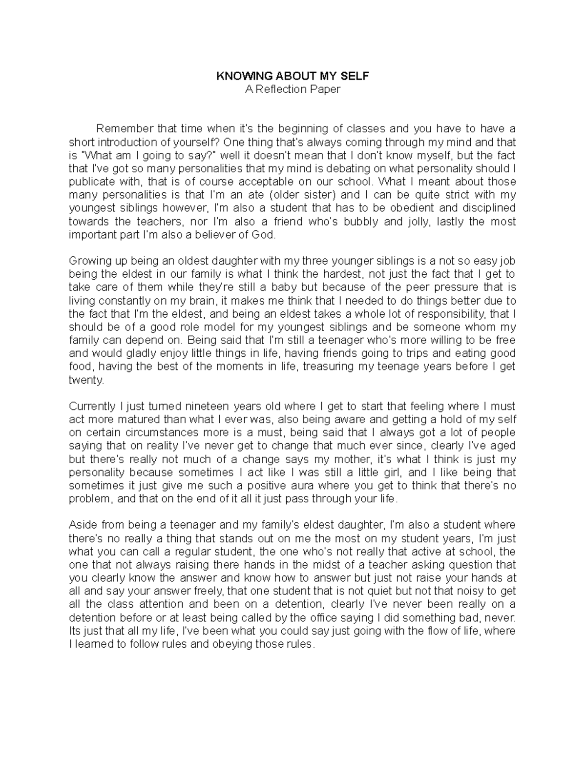 Chapter 1-B Activity Reflection Paper - KNOWING ABOUT MY SELF A ...