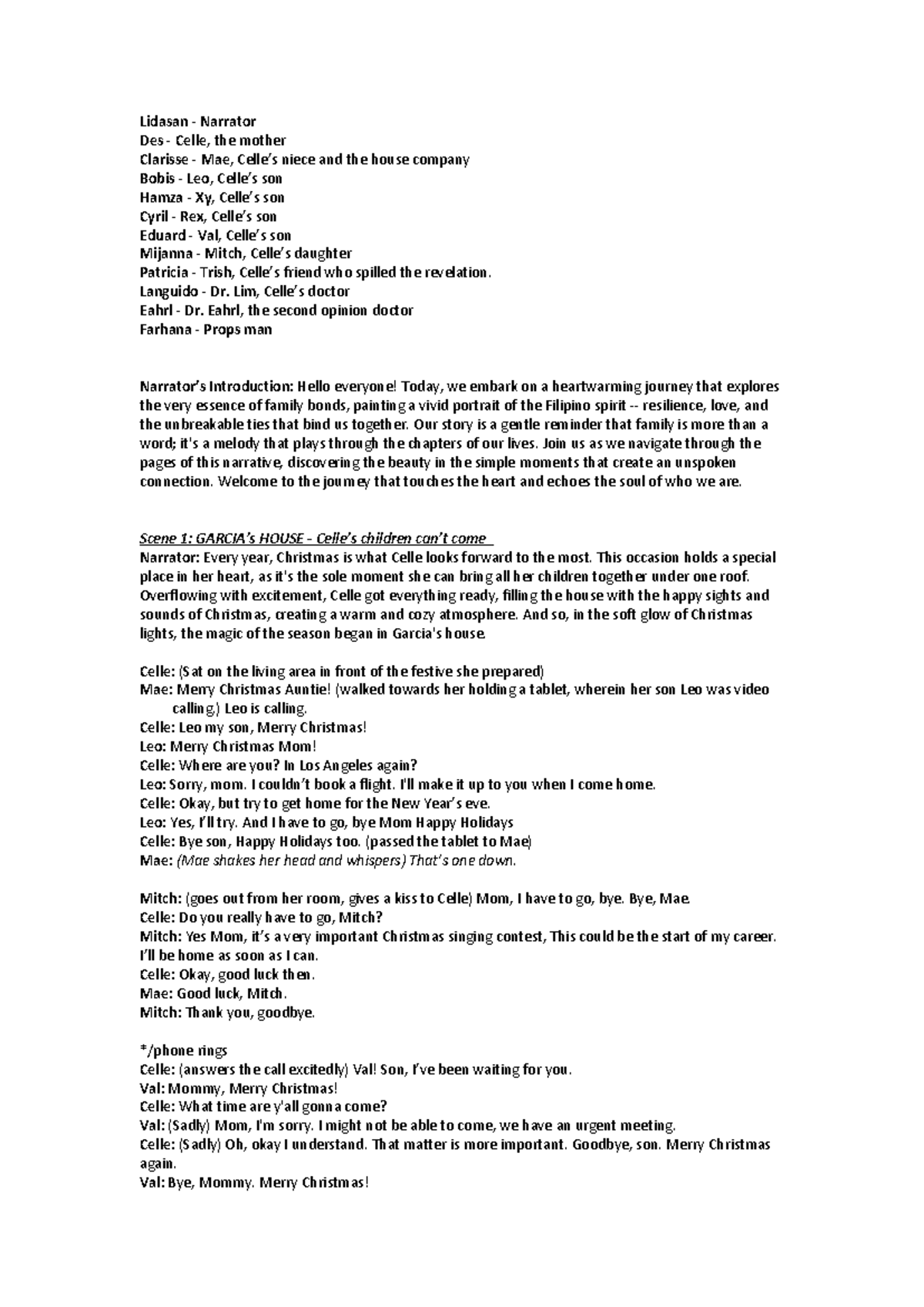 Lit Roleplay Final Script - Lidasan - Narrator Des - Celle, the mother ...