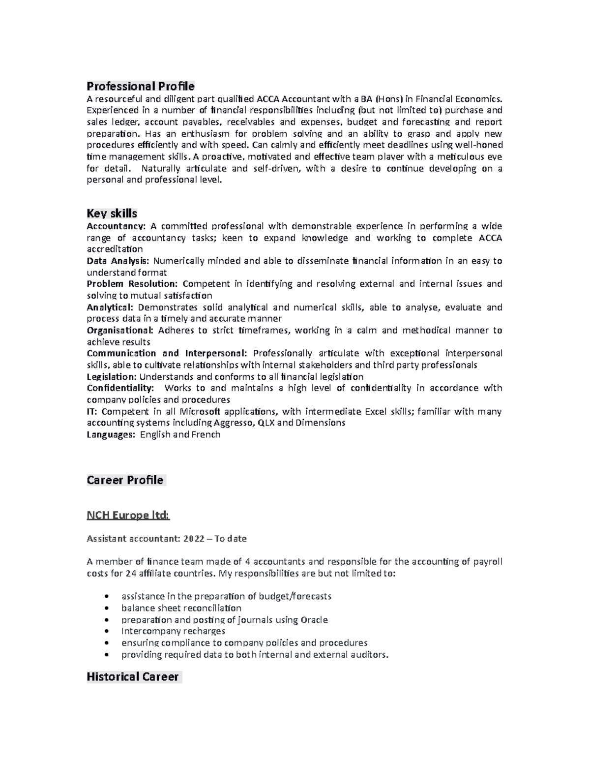 BM CV - Past paper - Professional Profile A resourceful and diligent ...