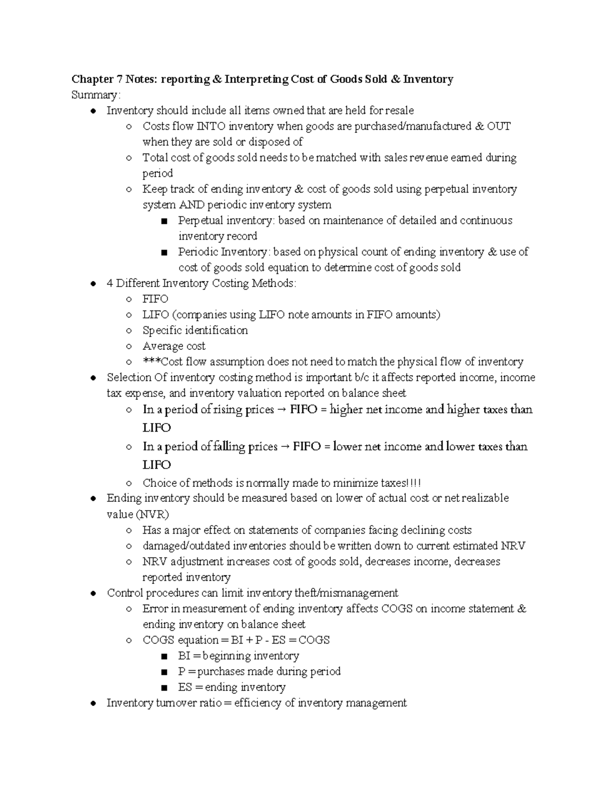 1209 Chapter 7 Notes - Chapter 7 Notes: reporting & Interpreting Cost ...