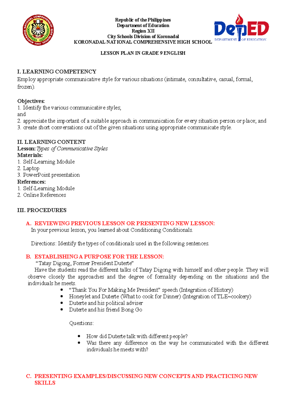 Lesson PLAN CO1 Communicative Stylesnagonzales - Republic of the ...