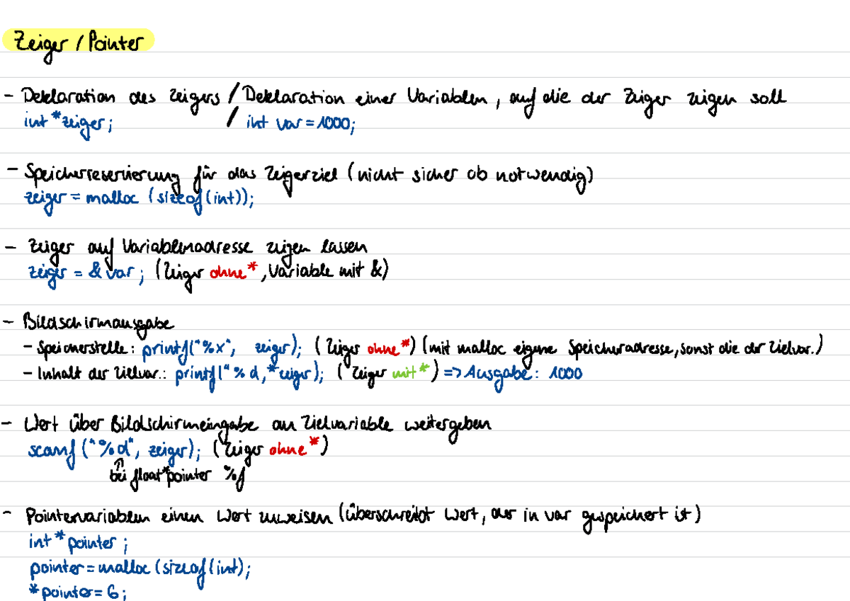 Prog C Zusammenfassung Zeiger-Pointer - Zeiger/Pointer - Deklaration des Zei ges A Deklaration ...