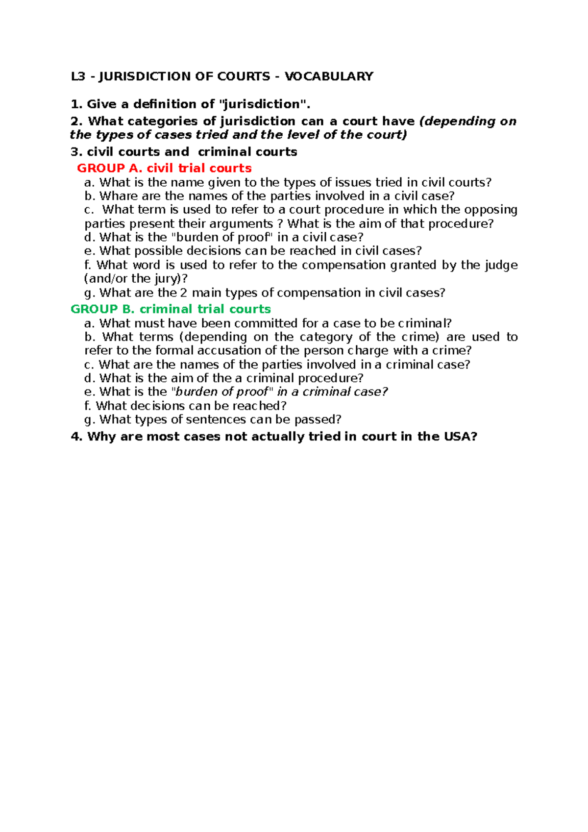 L3 Legal Vocabulary - Courts - L3 - JURISDICTION OF COURTS - VOCABULARY ...