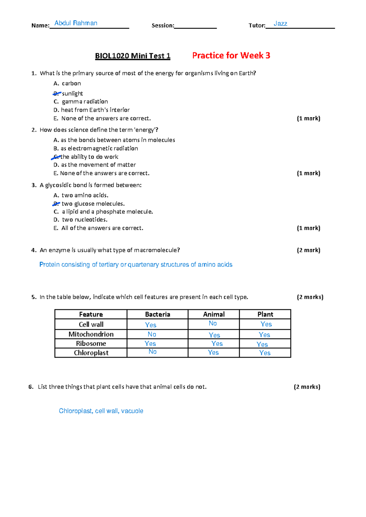 BIOL1020 Mini Test example - Name: Session: Tutor: BIOL1020 Mini Test 1 ...