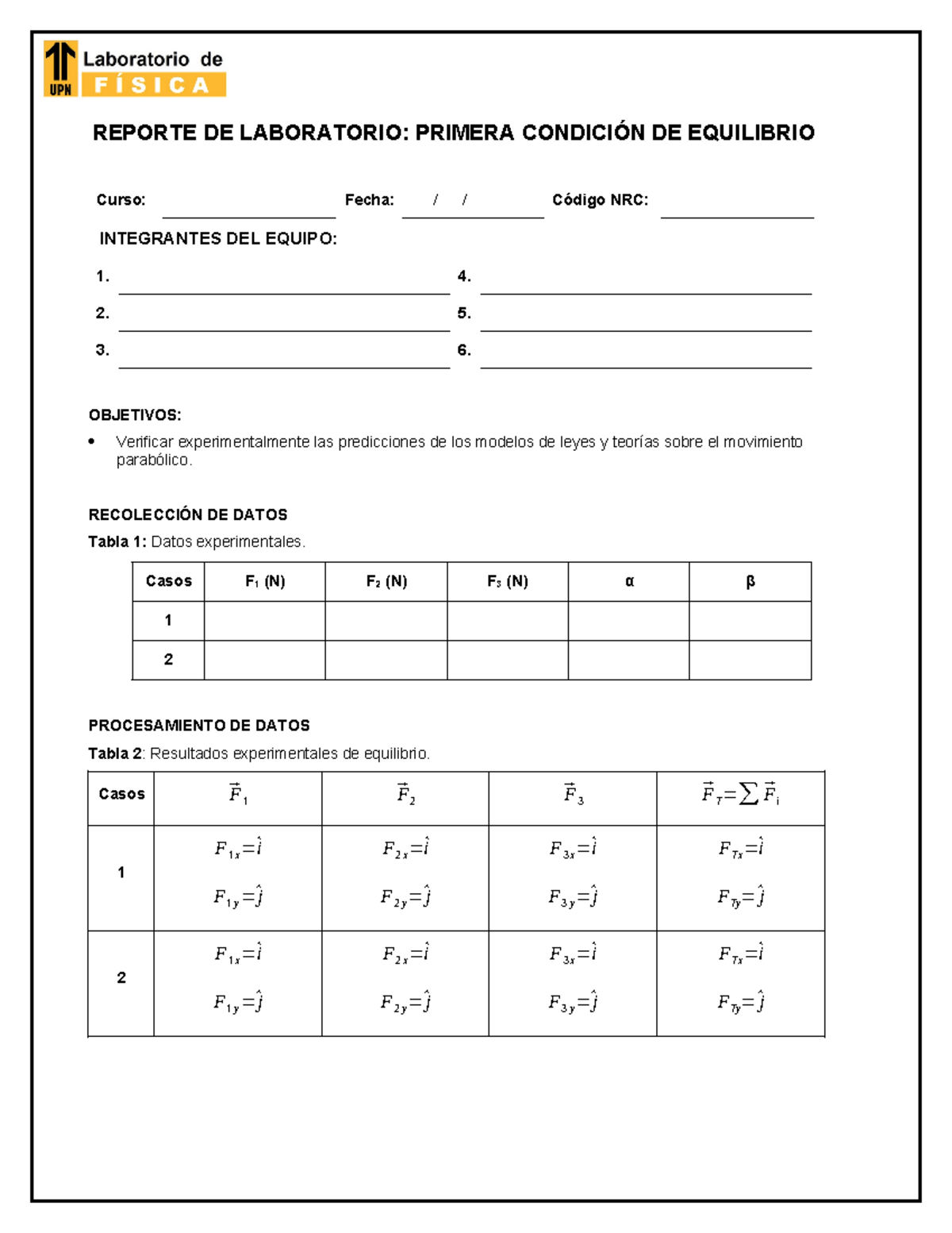 Reporte LAB FISI1 S05 PCE 2024 - REPORTE DE LABORATORIO: PRIMERA CONDICIÓN DE EQUILIBRIO Curso ...