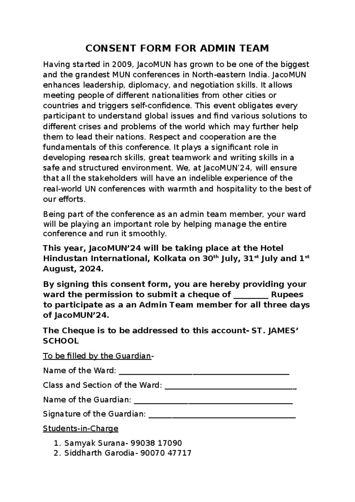 Consent Form for Administrative TEAM Jaco MUN' 2024 - CONSENT FORM FOR ...