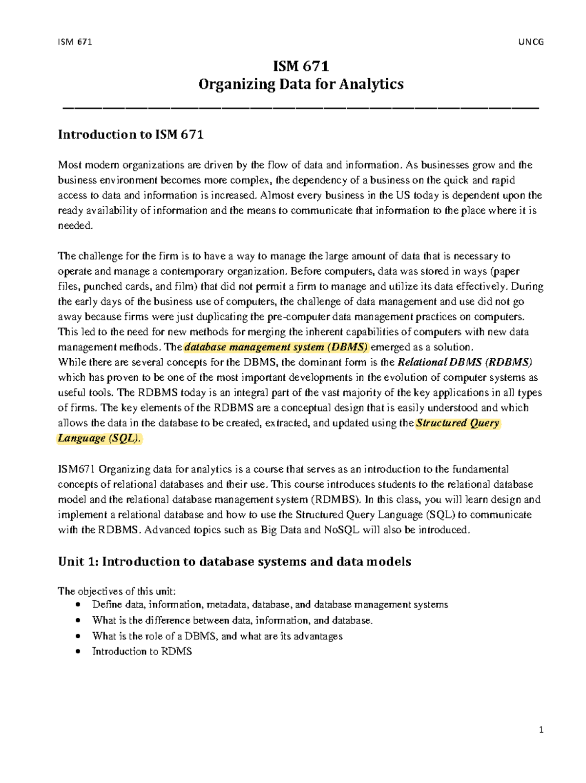 M-1 Lecture Note 1 Introduction - ISM 671 Organizing Data for Analytics - Studocu