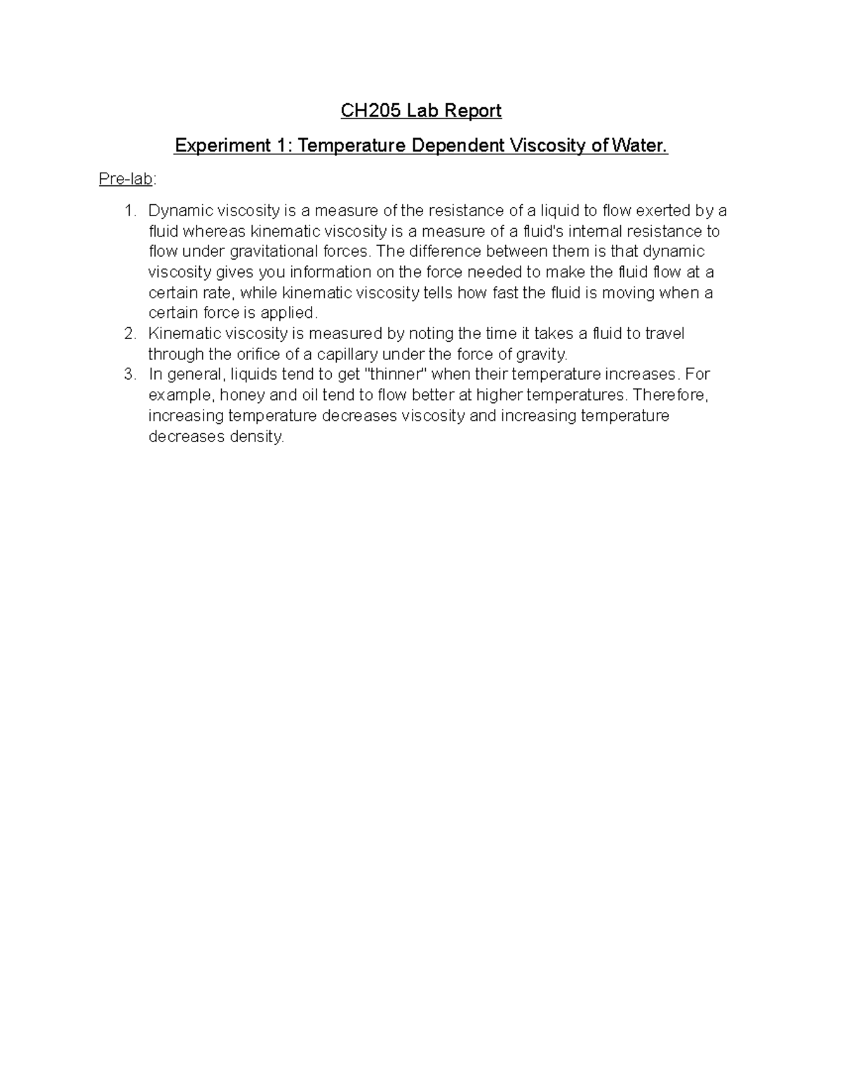 CH205 Lab Report - CH205 Lab Report Experiment 1: Temperature Dependent ...