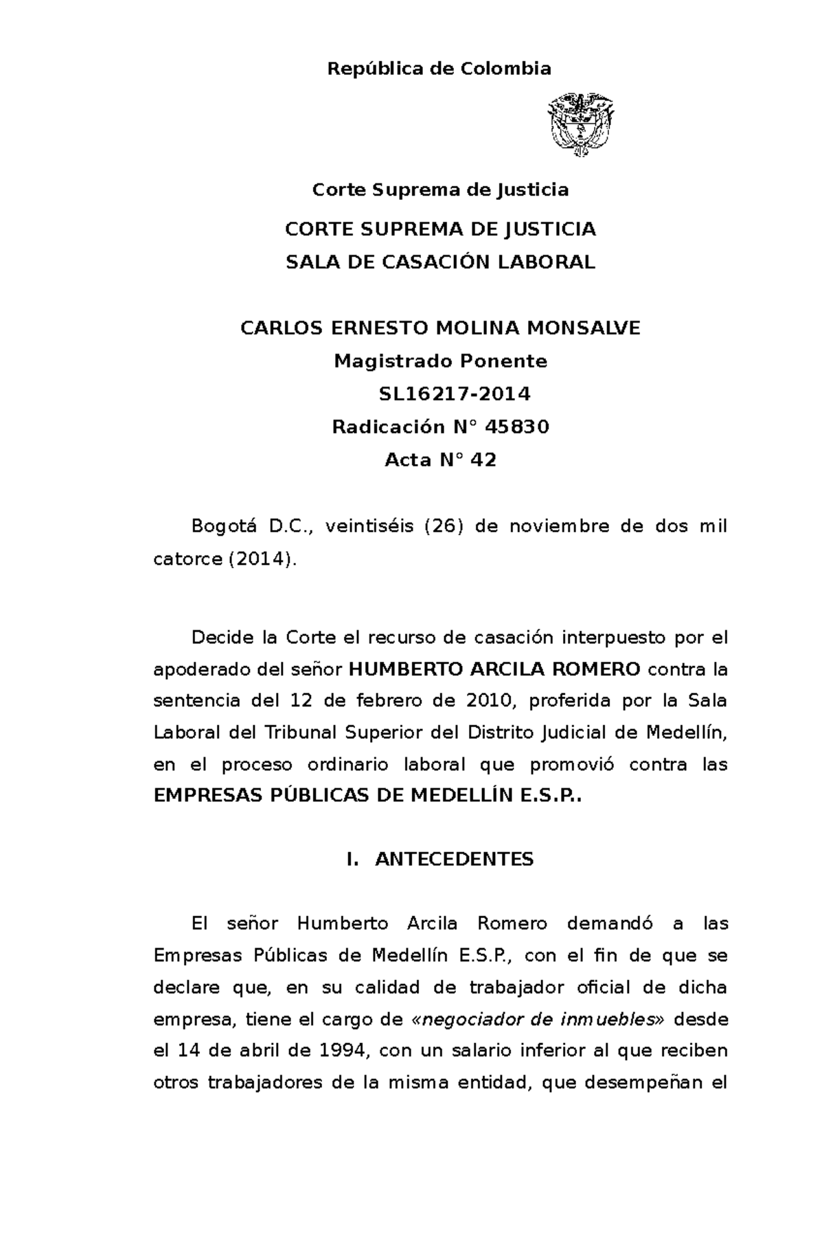 Sentencia Laboral 2014 - República de Colombia Corte Suprema de ...