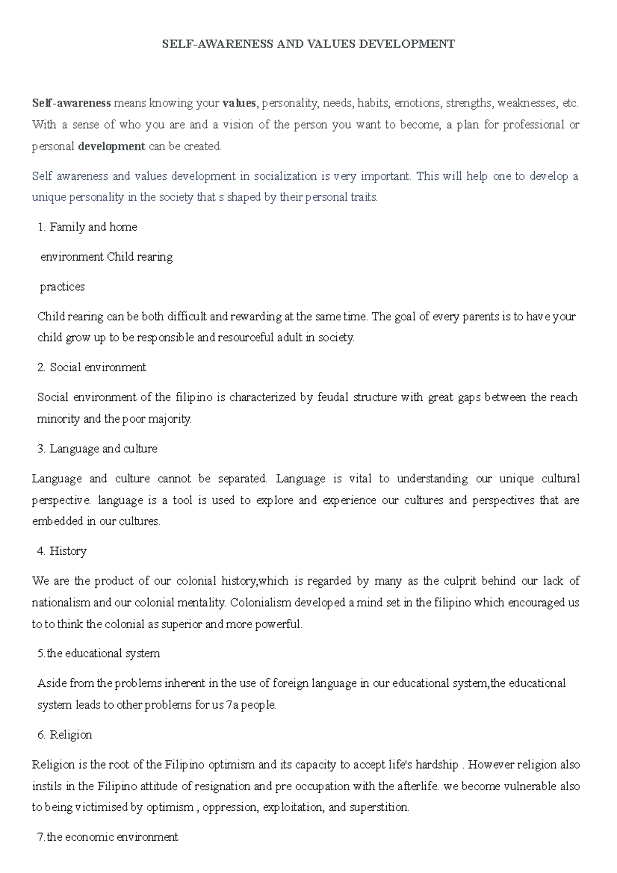 Chapter 3 self awareness and values development group 8 - SELF ...