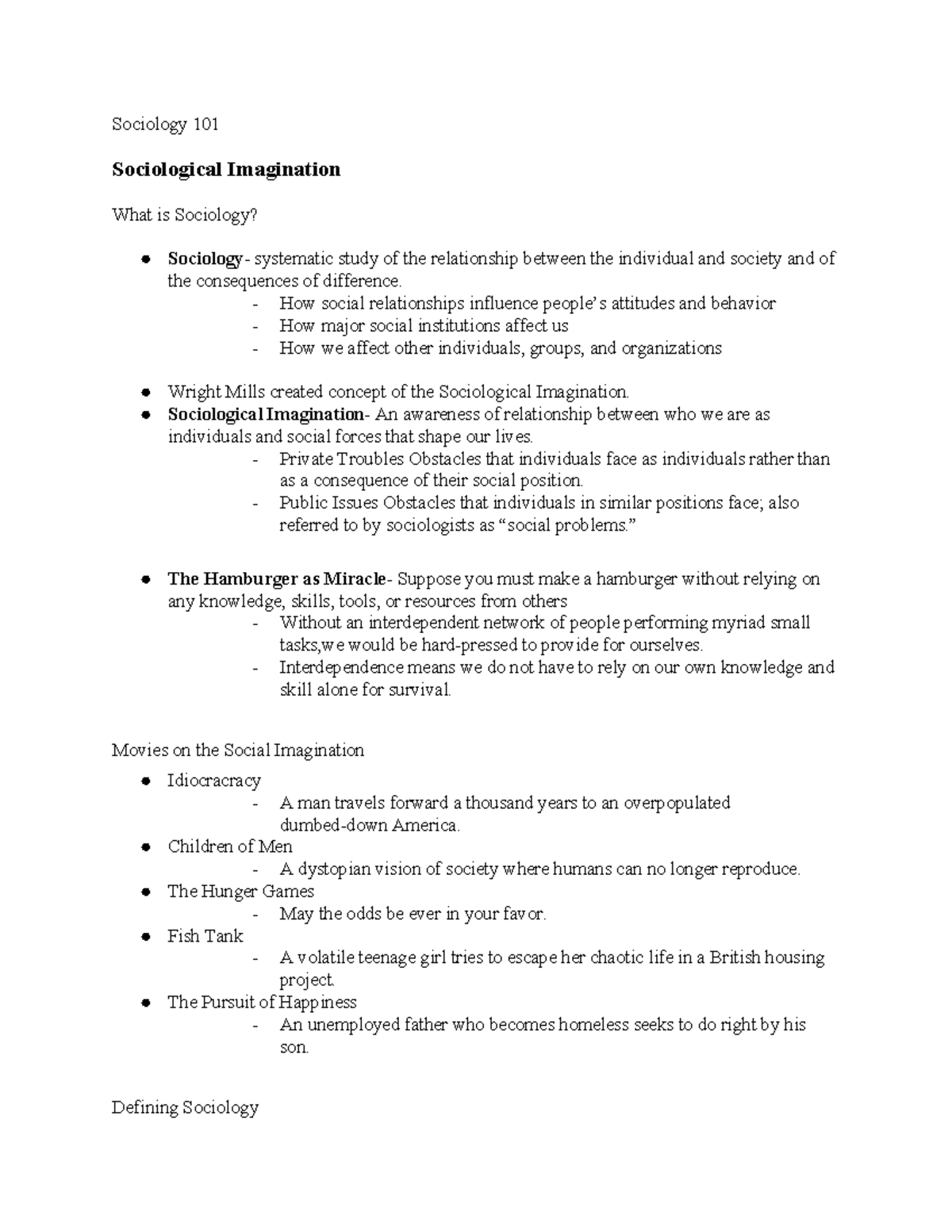 SOC 101 Ch. 1 Sociological Imagination Outline - Sociology 101 ...