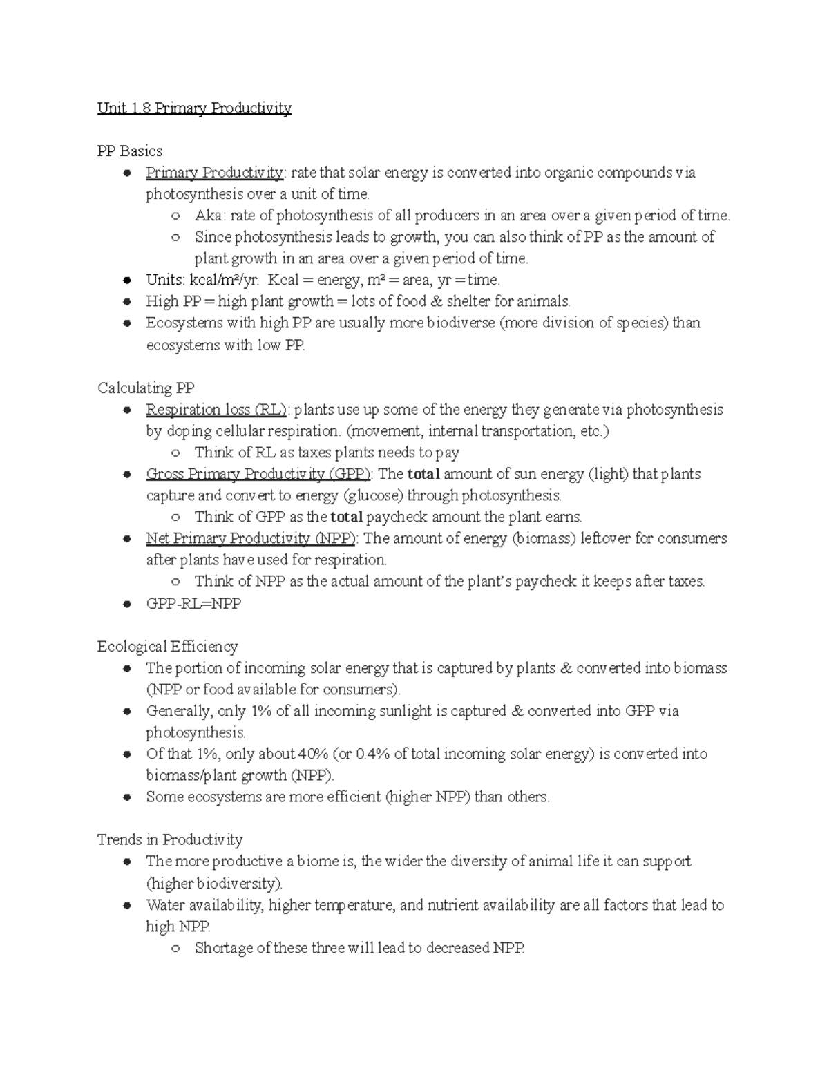 Copy of Unit 1.8 Primary Productivity - Unit 1 Primary Productivity PP ...