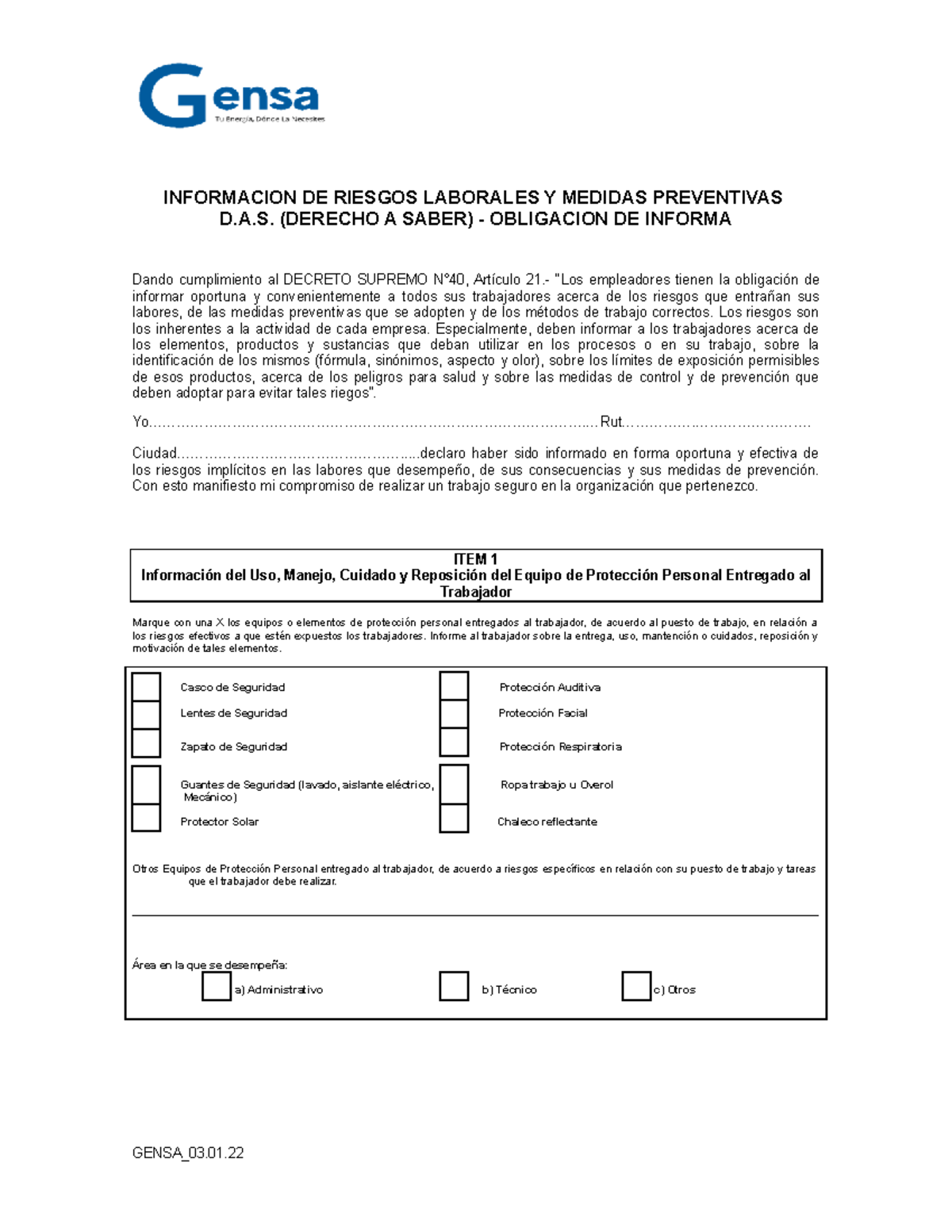 Derecho A Saber (DAS) - Gensa 2022 03 - INFORMACION DE RIESGOS LABORALES Y MEDIDAS PREVENTIVAS D ...