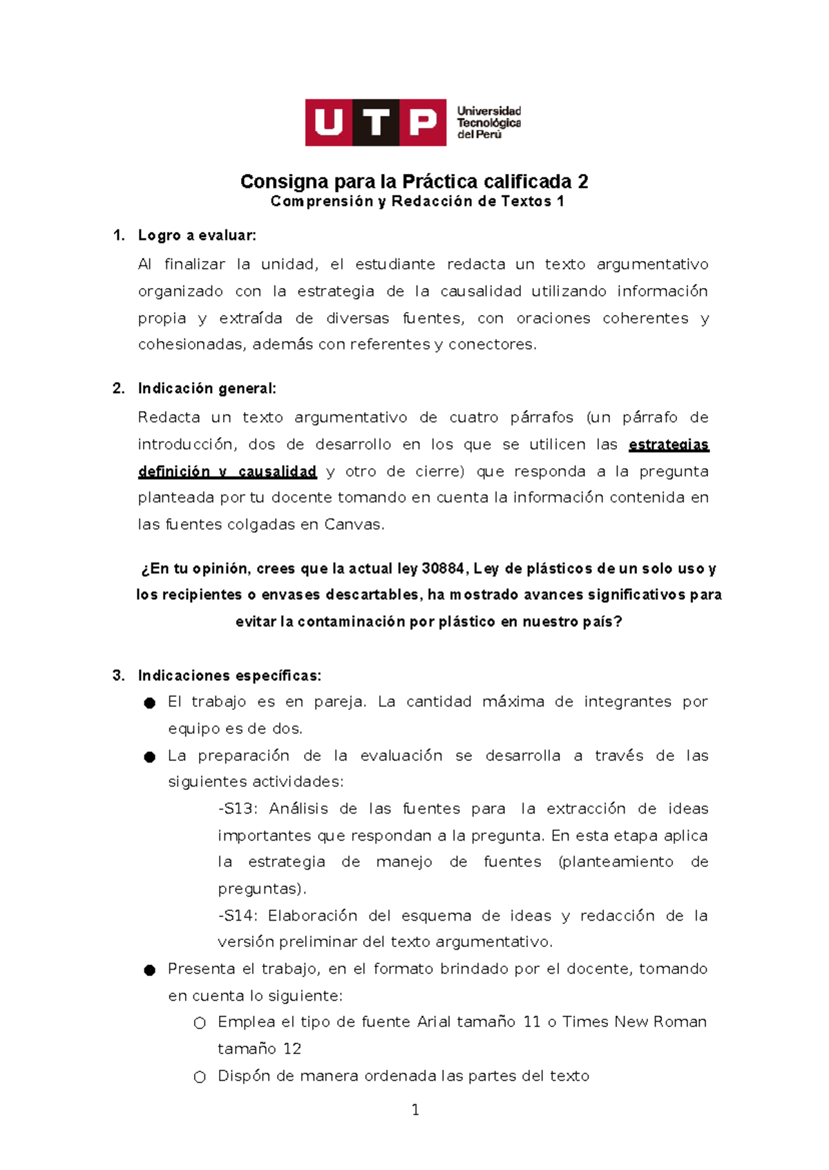 GC A01L PC2Consigna 22C2A-1-1 - Consigna para la Práctica calificada 2 Comprensión y Redacción ...