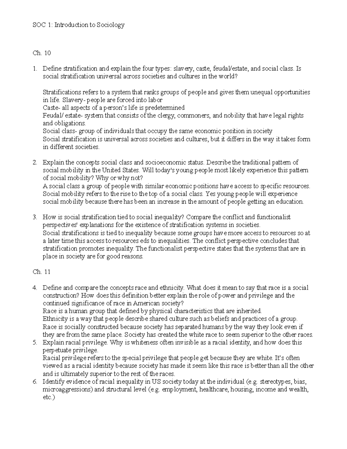SOC 1 Study Guide - SOC 1: Introduction to Sociology Ch. 10 Define ...