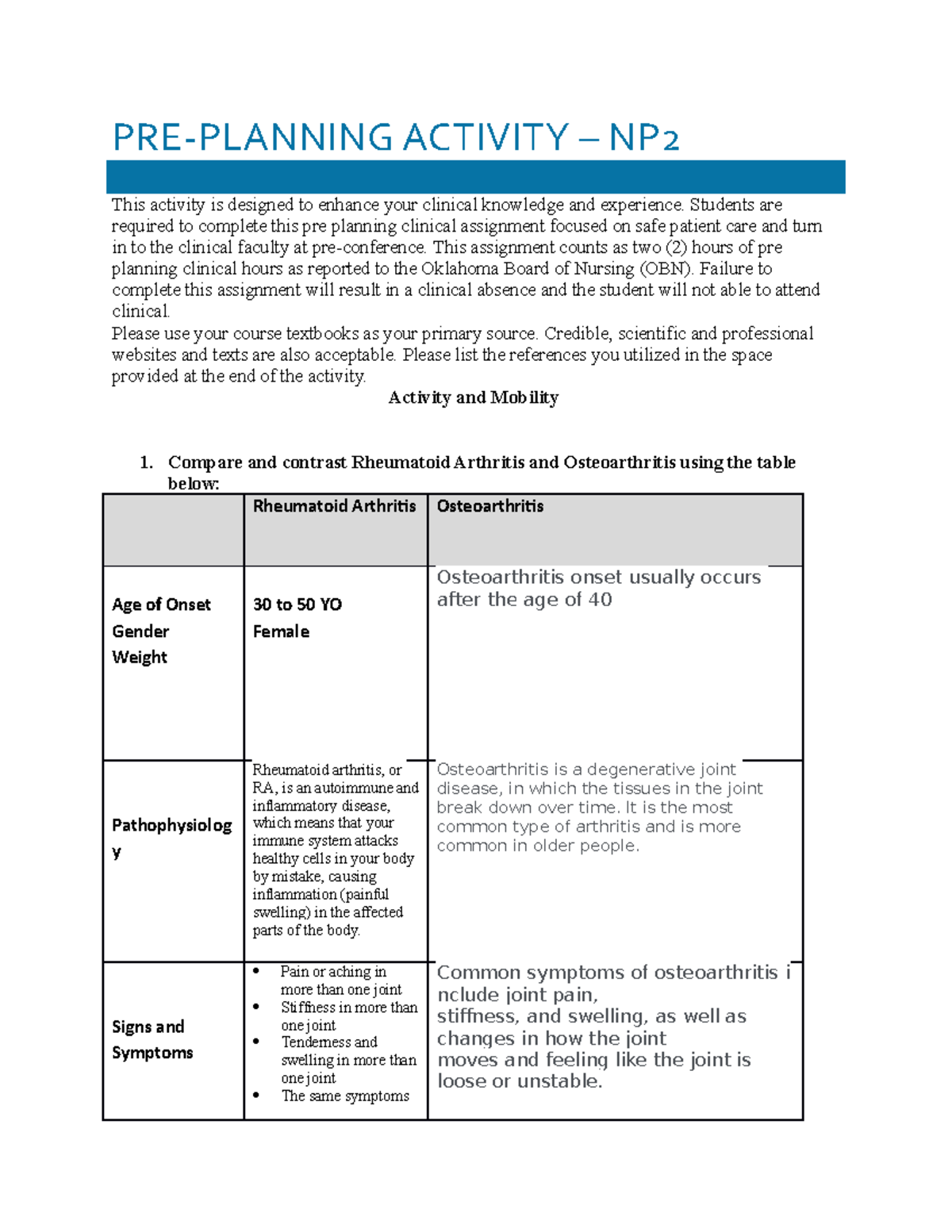 PRE-PLANNING ACTIVITY – NP2 - Students are required to complete this ...
