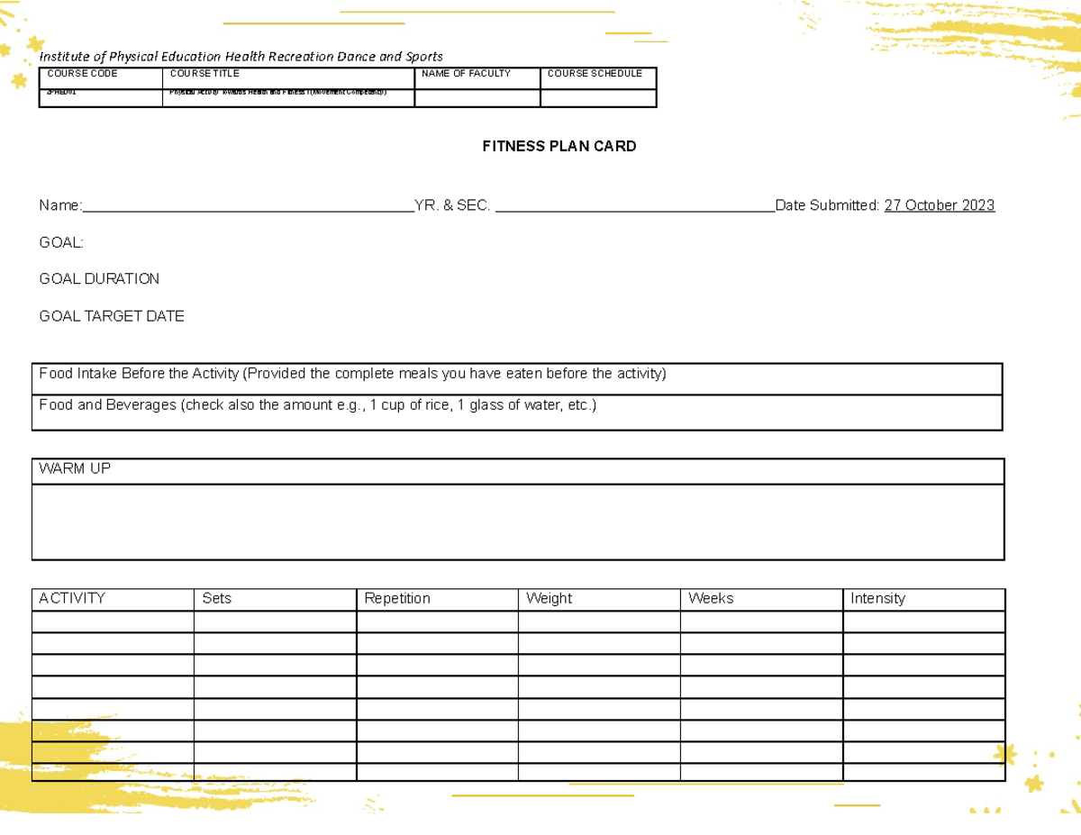 Fitness-Plan-Card - it will help you plan your ideal body - Institute ...