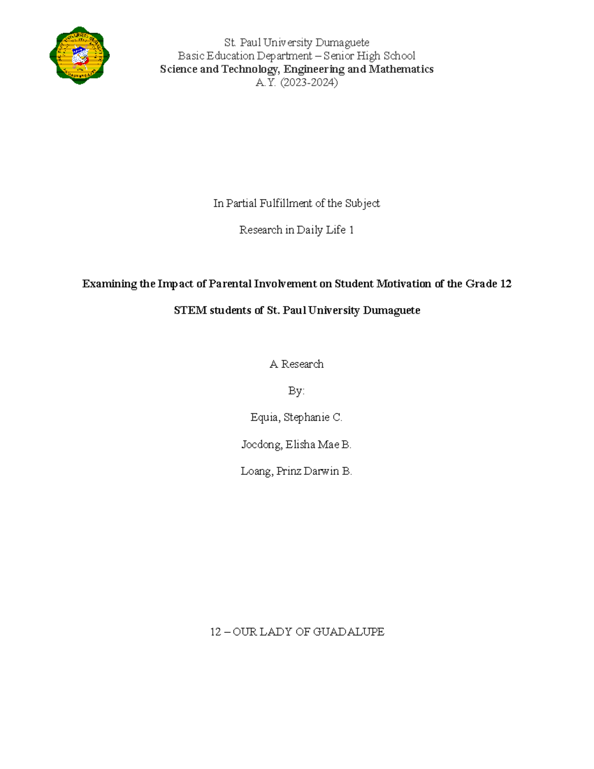 Final Research Paper - St. Paul University Dumaguete Basic Education ...